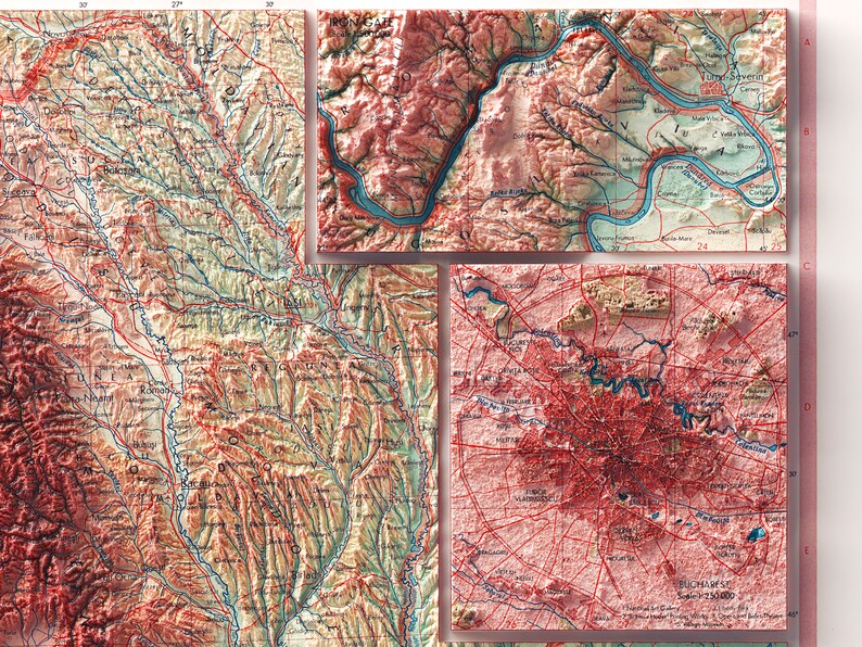 Romania Topographic Map of 1963 2D Poster Shaded Relief Map, Fine Art ...