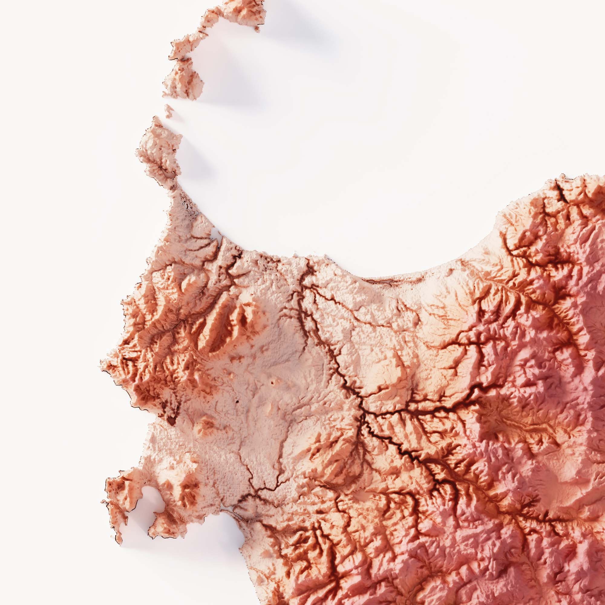 Sardinia (italy) Elevation Map (coral): Flat Shaded Relief Print Art - Etsy