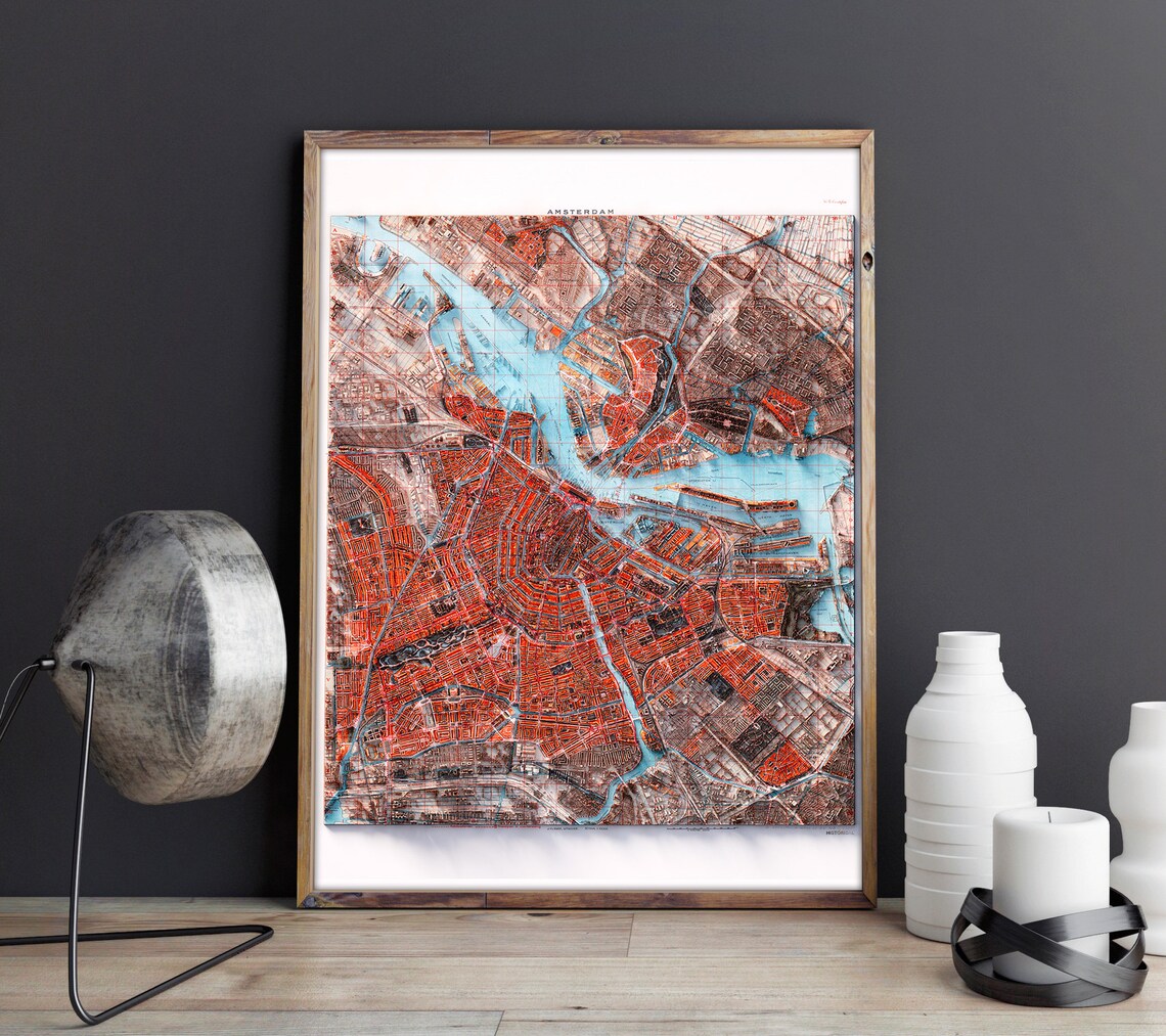 Amsterdam the Netherlands City Map of 1914 2D Poster Shaded Relief Map ...