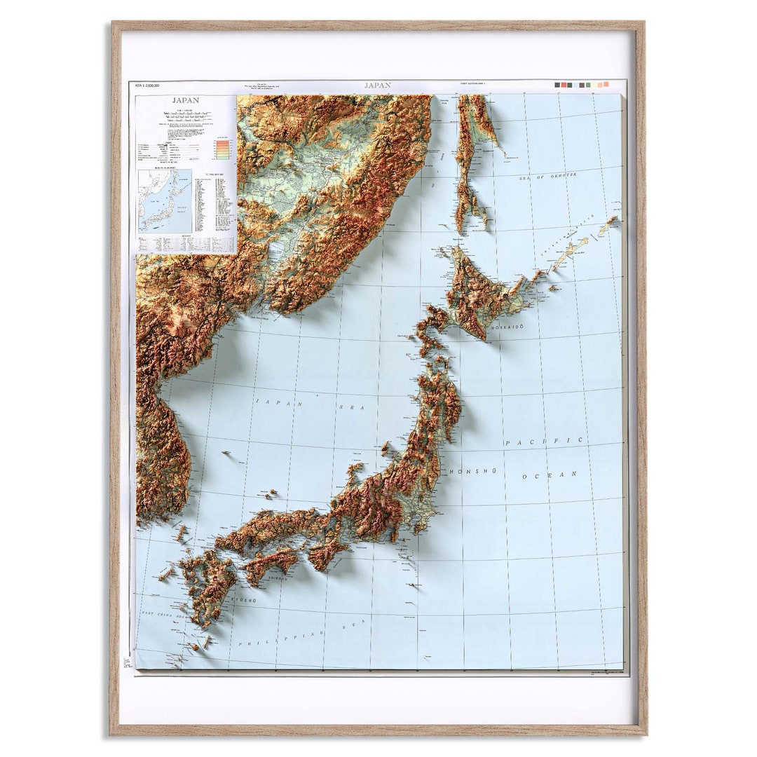 Japan Topographic Map of 1945 2D Poster Shaded Relief Map, Fine Art ...