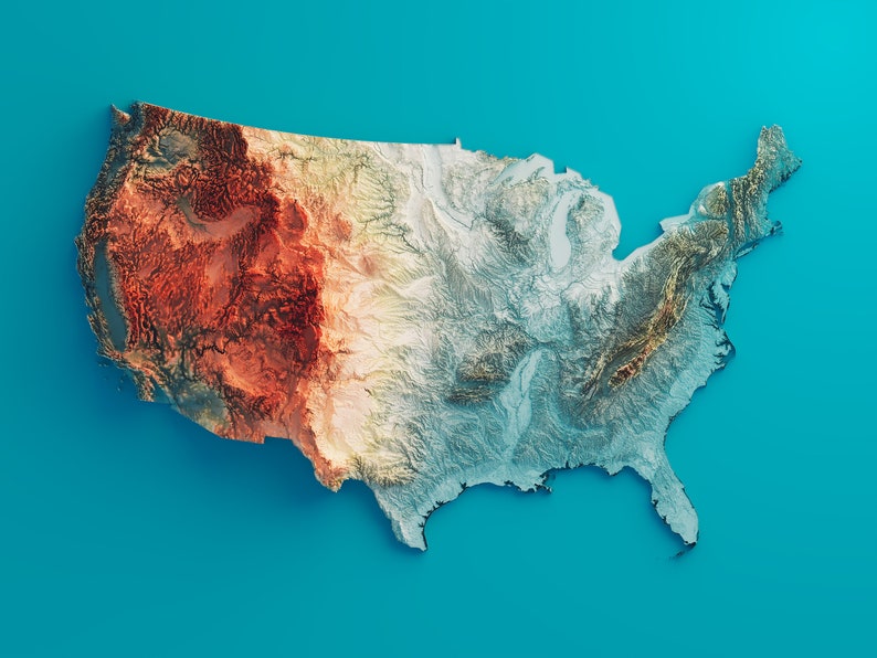 United States of America Elevation Map spectral 2D Poster Shaded Relief ...