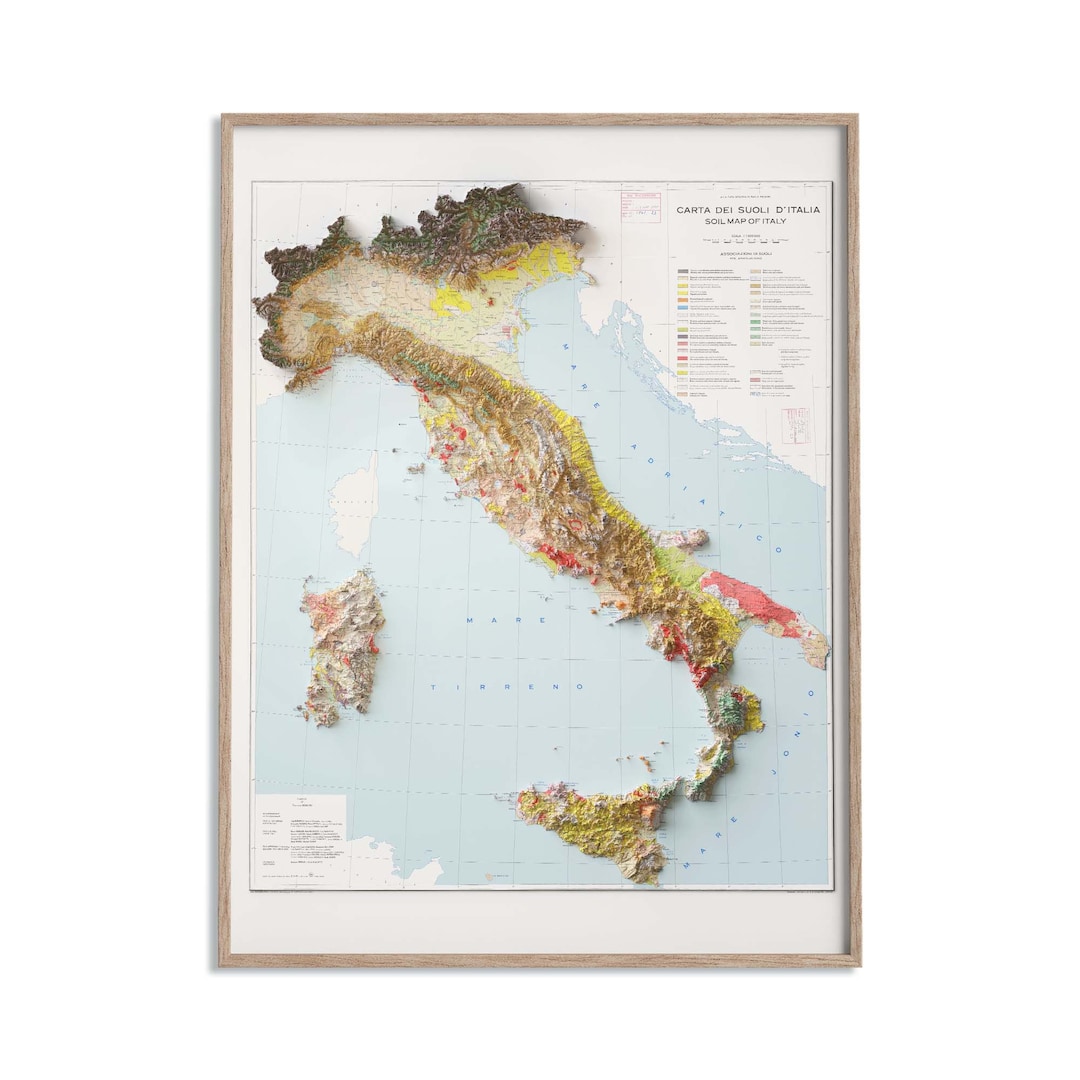 Italy Soil Map of 1966 - 2D Poster Shaded Relief Map, Fine Art Wall ...