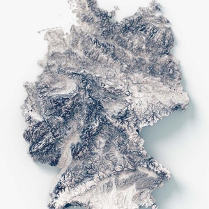 Germany Elevation Map (white) - 2D Poster Shaded Relief Map, Fine Art ...