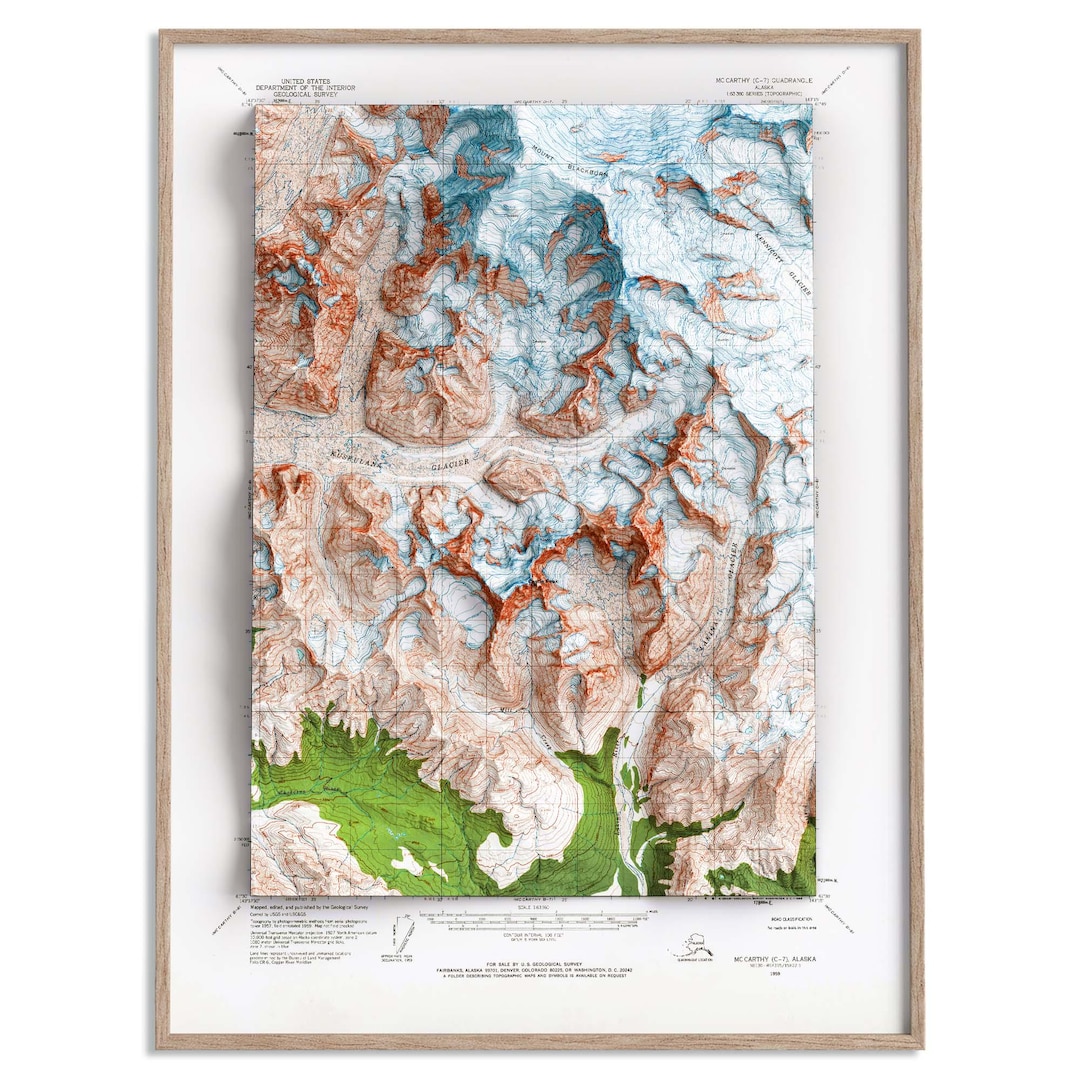 Mt Blackburn (alaska, USA) Topographic Map of 1966 - 2D Poster Shaded ...