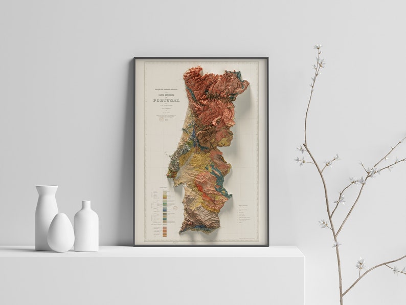 Portugal Geological Map of 1899 2D Poster Shaded Relief Map, Fine Art ...