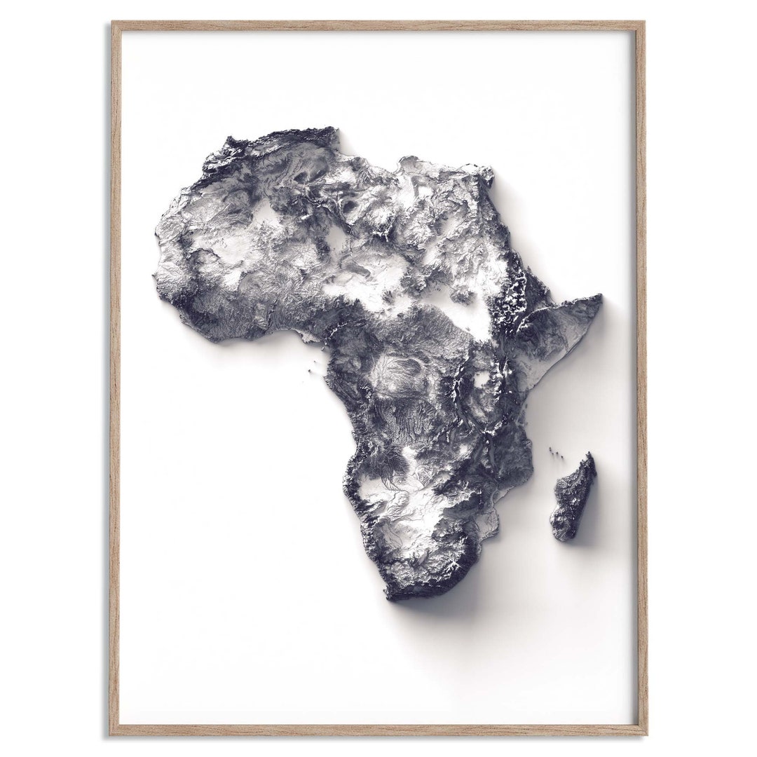 Africa Elevation Map (white) - 2D Poster Shaded Relief Map, Fine Art ...