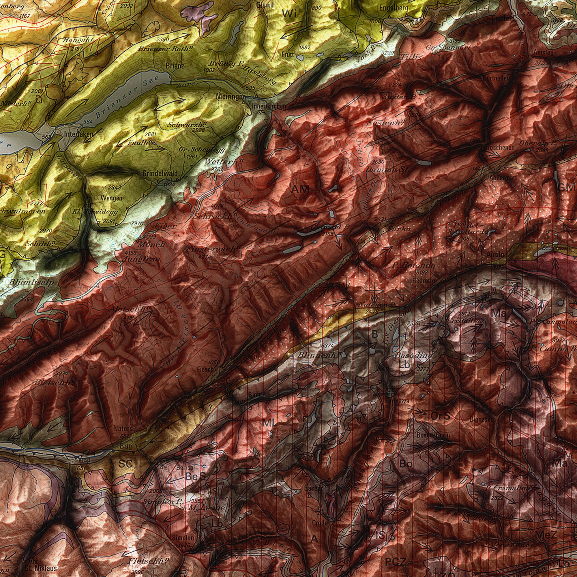 Switzerland Geological Map of 1972 - 2D Poster Shaded Relief Map, Fine ...
