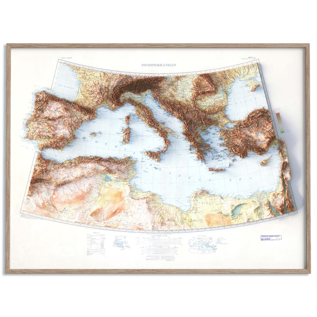 Mediterranean Sea 1937 Topographic Map: Vintage Flat Shaded Relief ...