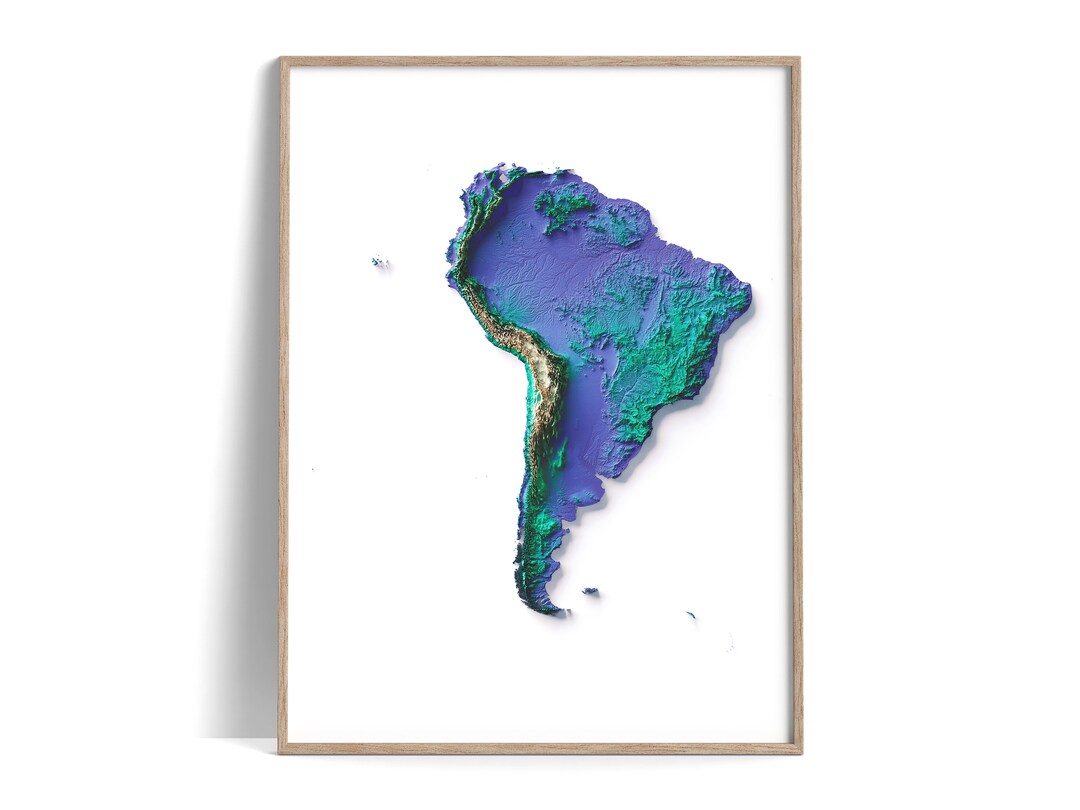 South America Elevation Map viridis 2D Poster Shaded Relief Map, Fine ...