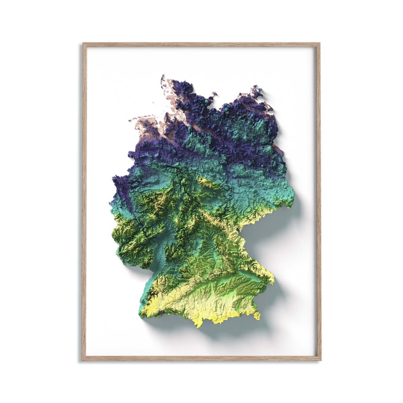 Germany Elevation Map viridis 2D Poster Shaded Relief Map, Fine Art Wall Decor, Travel Poster - Etsy
