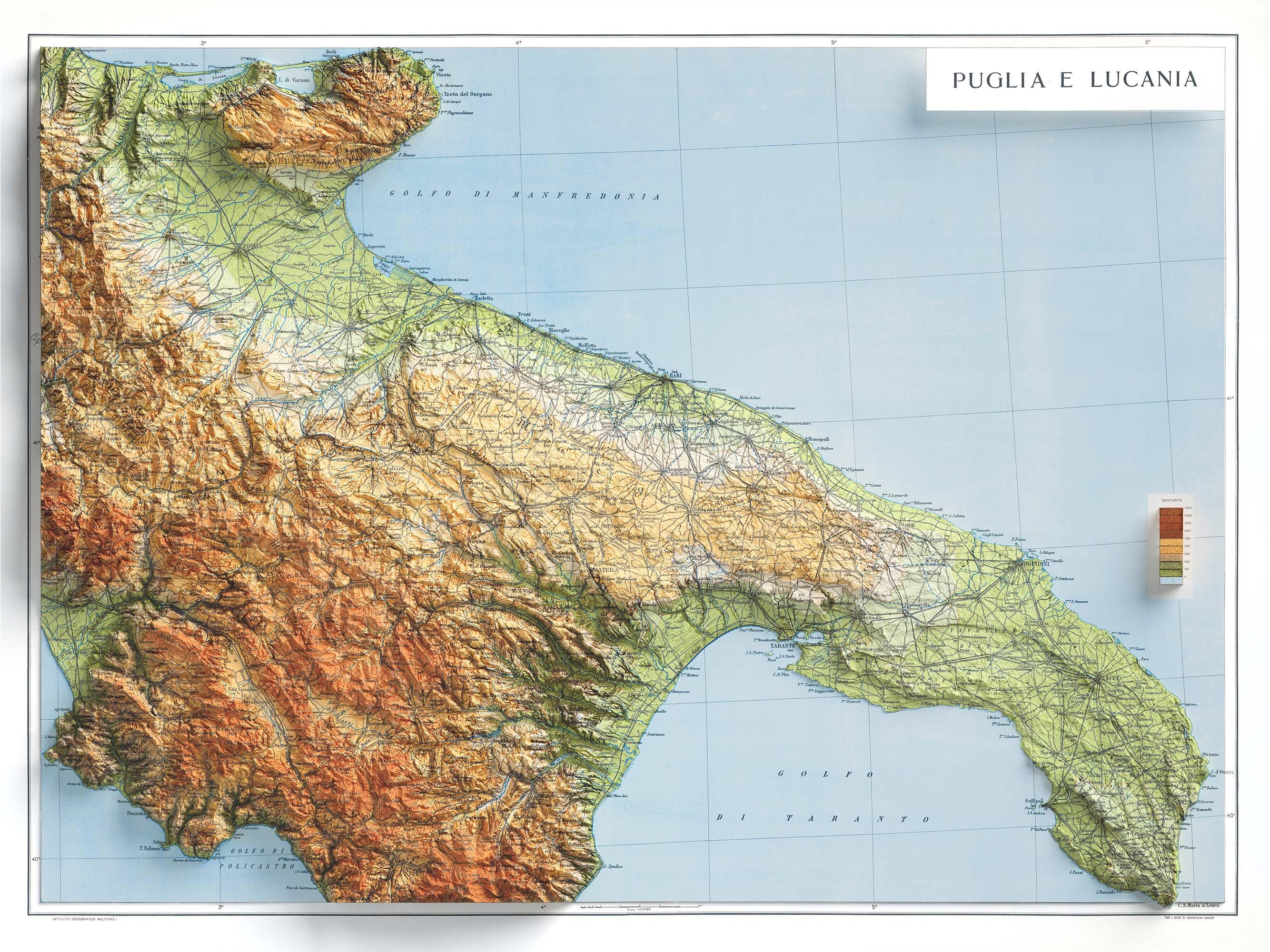 Apulia and Lucania (italy) Topographic Map of 1950 - 2D Poster Shaded ...