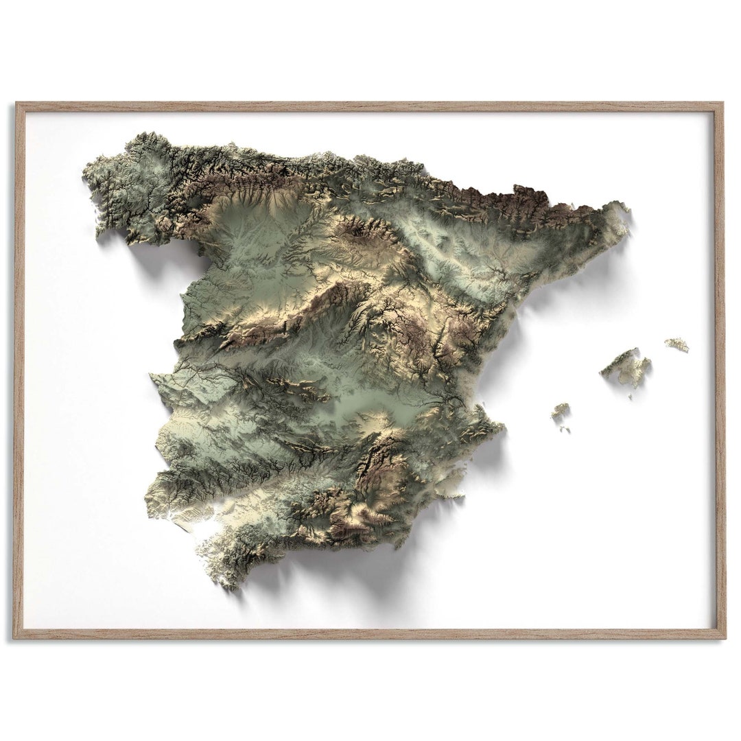 Spain Elevation Map (geo) - 2D Poster Shaded Relief Map, Fine Art Wall ...