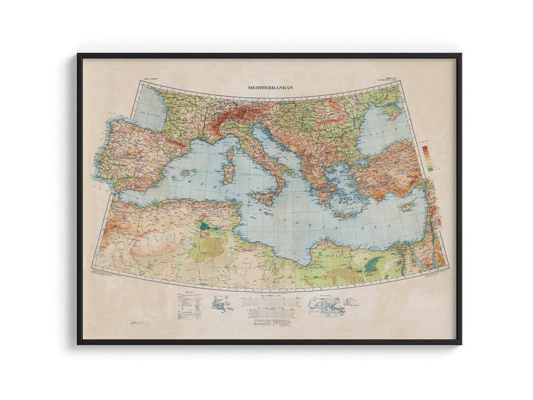 Mediterranean Sea, Topographic Map 1937 - Vintage Reprint Poster, Wall ...