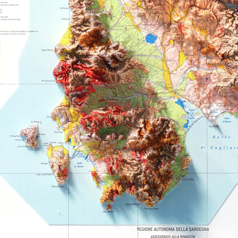 Sardinia (italy) 1960 Soil Map: Vintage Flat Shaded Relief Print Art - Etsy