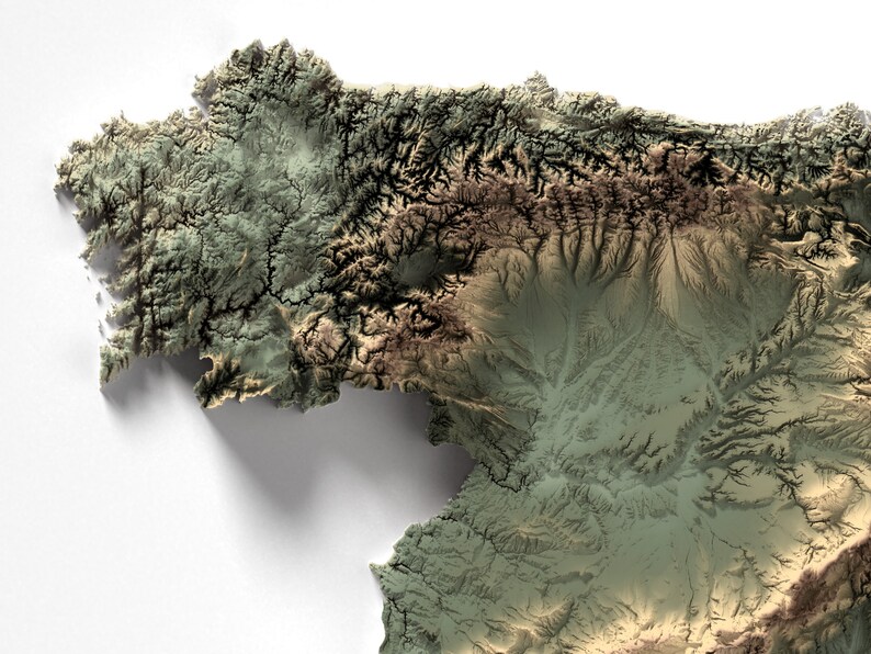 Spain Elevation Map geo 2D Poster Shaded Relief Map, Fine Art Wall ...