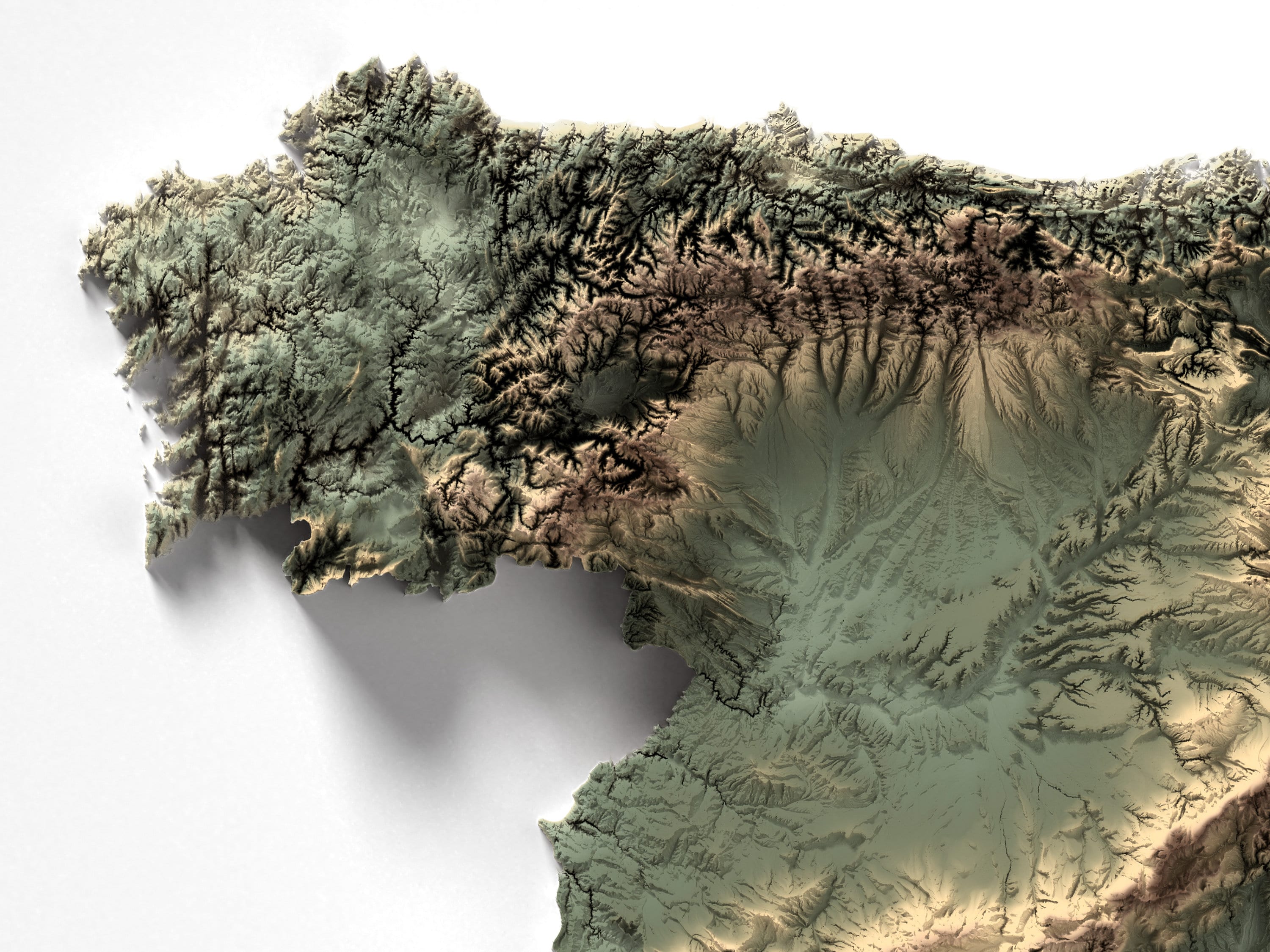 Spain Elevation Map geo 2D Poster Shaded Relief Map, Fine Art Wall ...