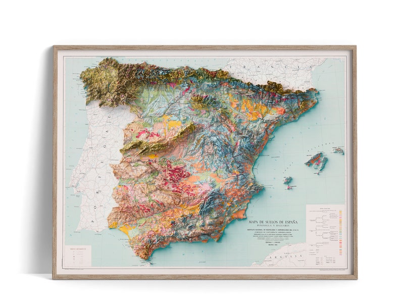 Spanish Peninsula and Baleares spain Soil Map of 1966 2D Poster Shaded ...