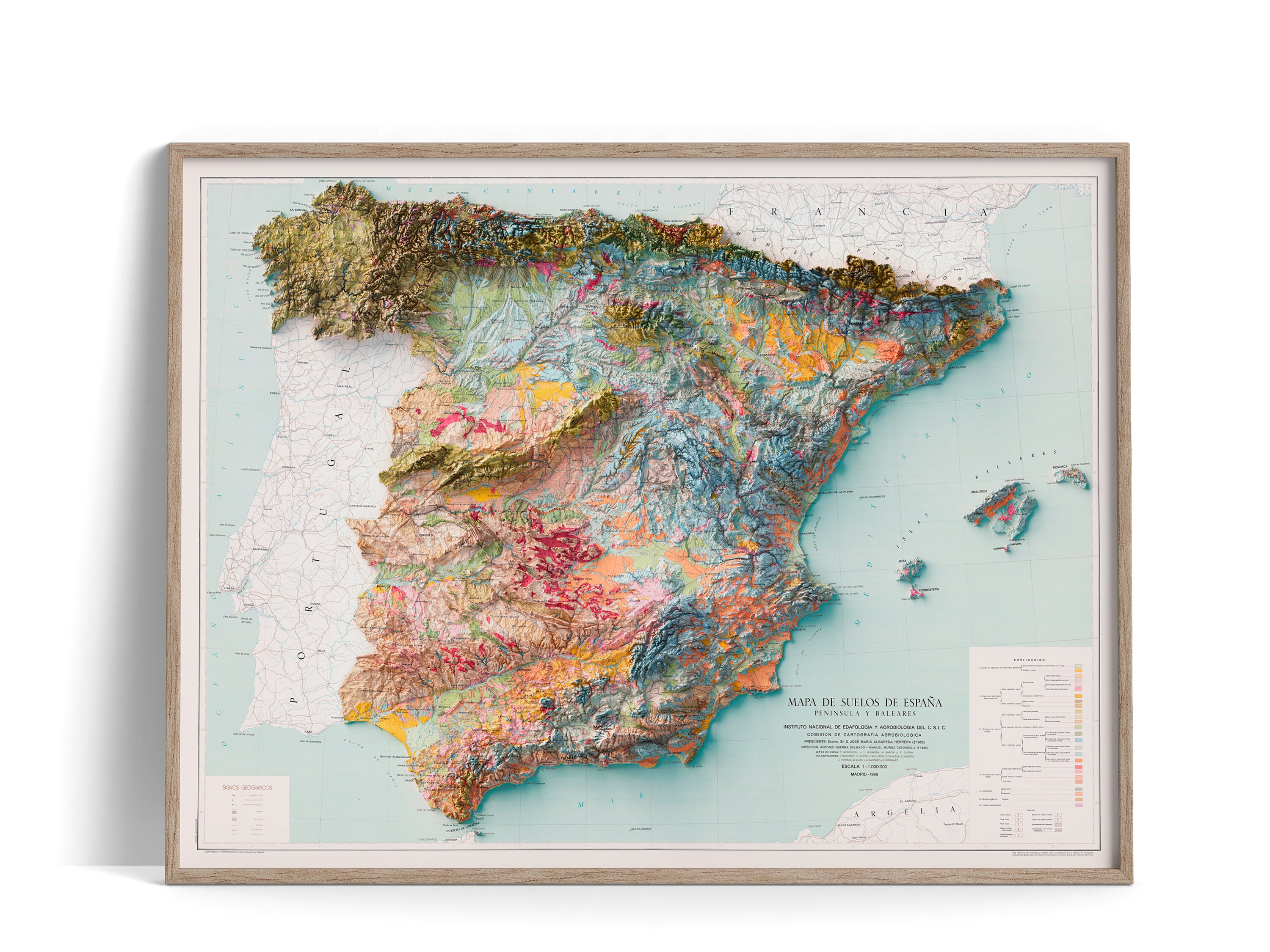 Spanish Peninsula and Baleares spain Soil Map of 1966 2D Poster Shaded ...