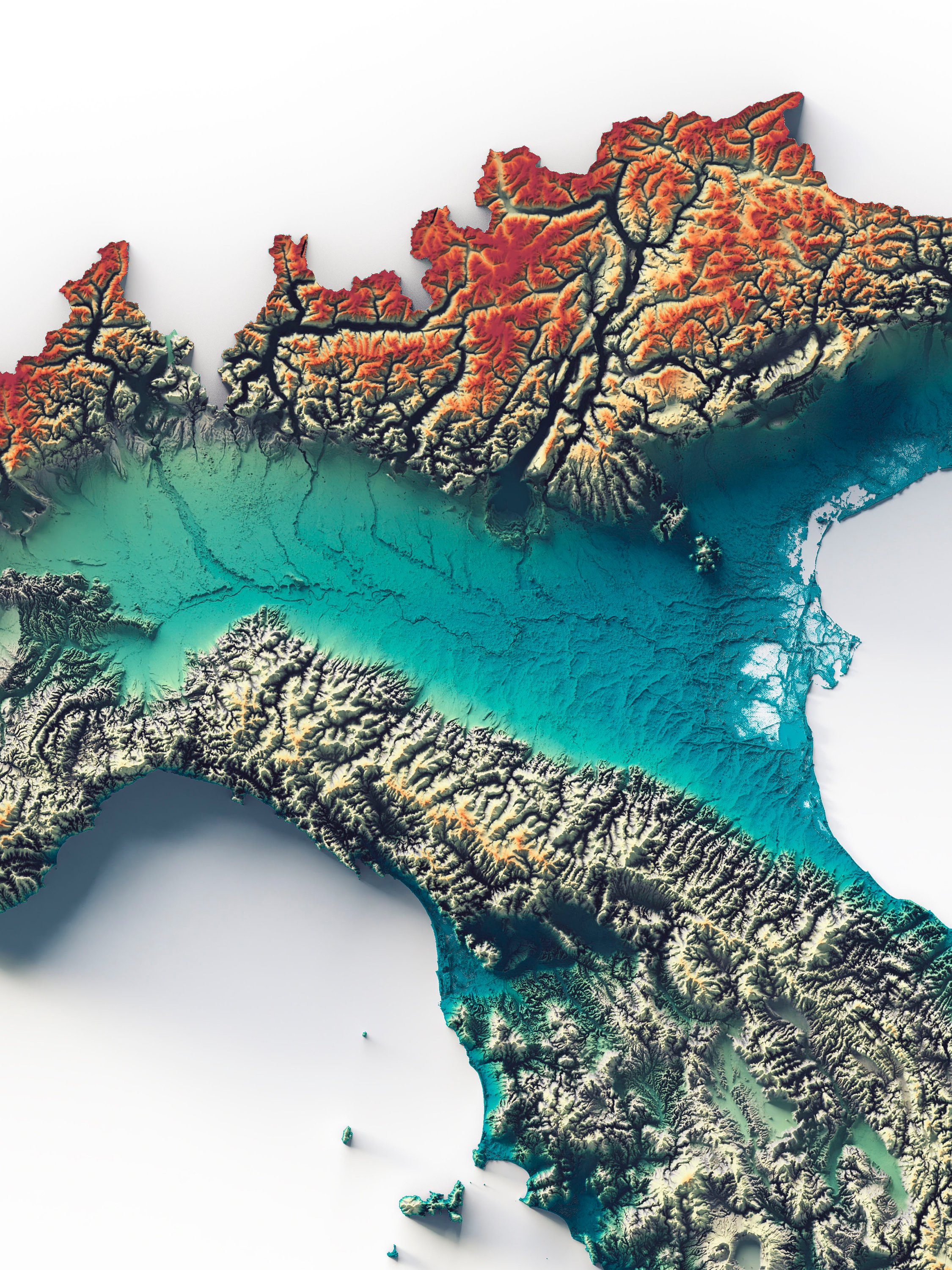 Italy Elevation Map spectral 2D Poster Shaded Relief Map, Fine Art Wall ...