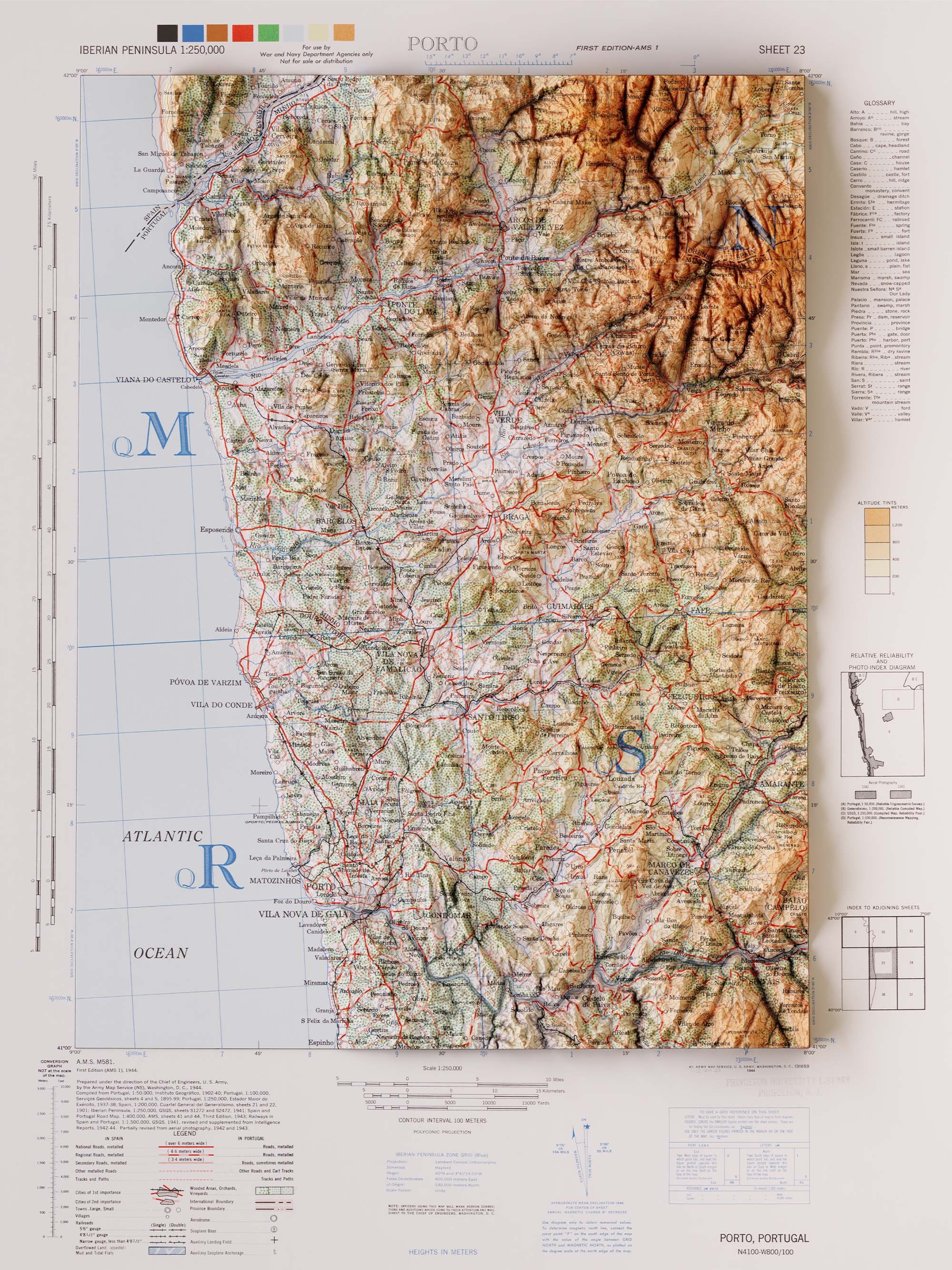 Porto (portugal) 1944 Topographic Map: Vintage Flat Shaded Relief Print ...