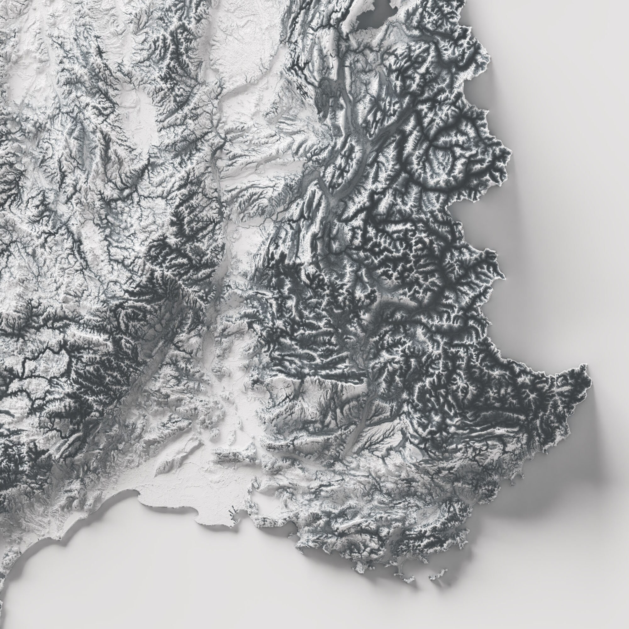 France Elevation Map white 2D Poster Shaded Relief Map, Fine Art Wall ...