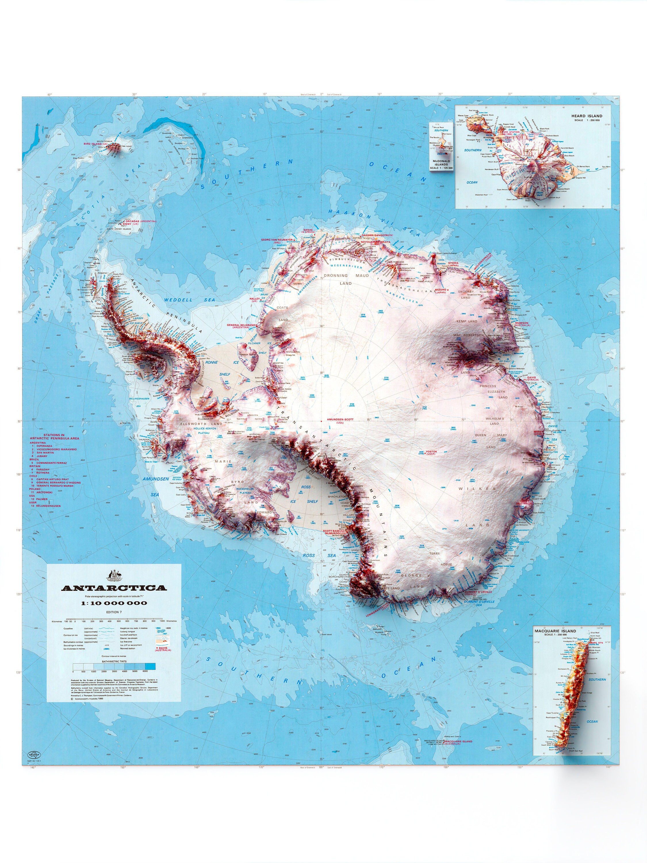 Antarctica Topographic Map of 1986 2D Poster Shaded Relief Map, Fine ...