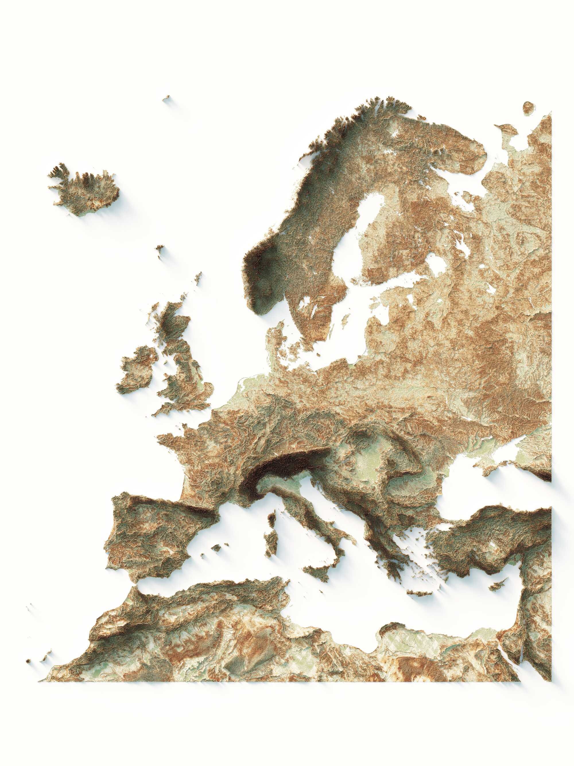 Europe Elevation Map geo 2D Poster Shaded Relief Map, Fine Art Wall ...