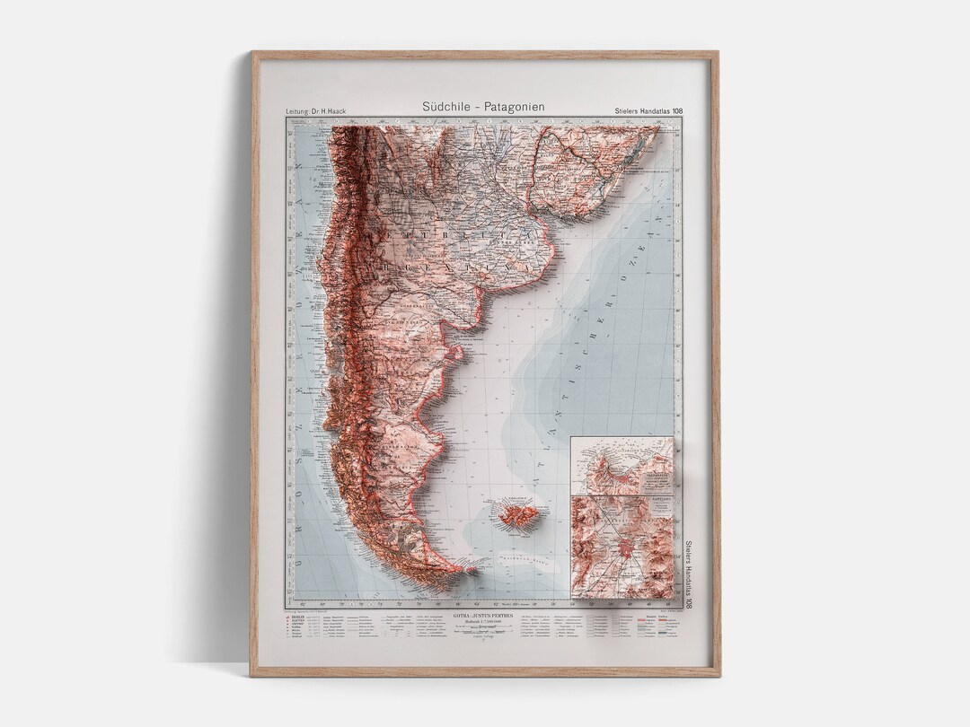 Patagonia Topographic Map of 1925 2D Poster Shaded Relief Map, Fine Art ...