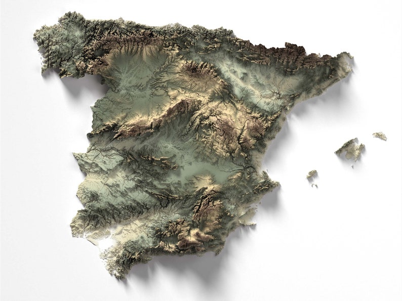 Spain Elevation Map (geo) - 2D Poster Shaded Relief Map, Fine Art Wall ...