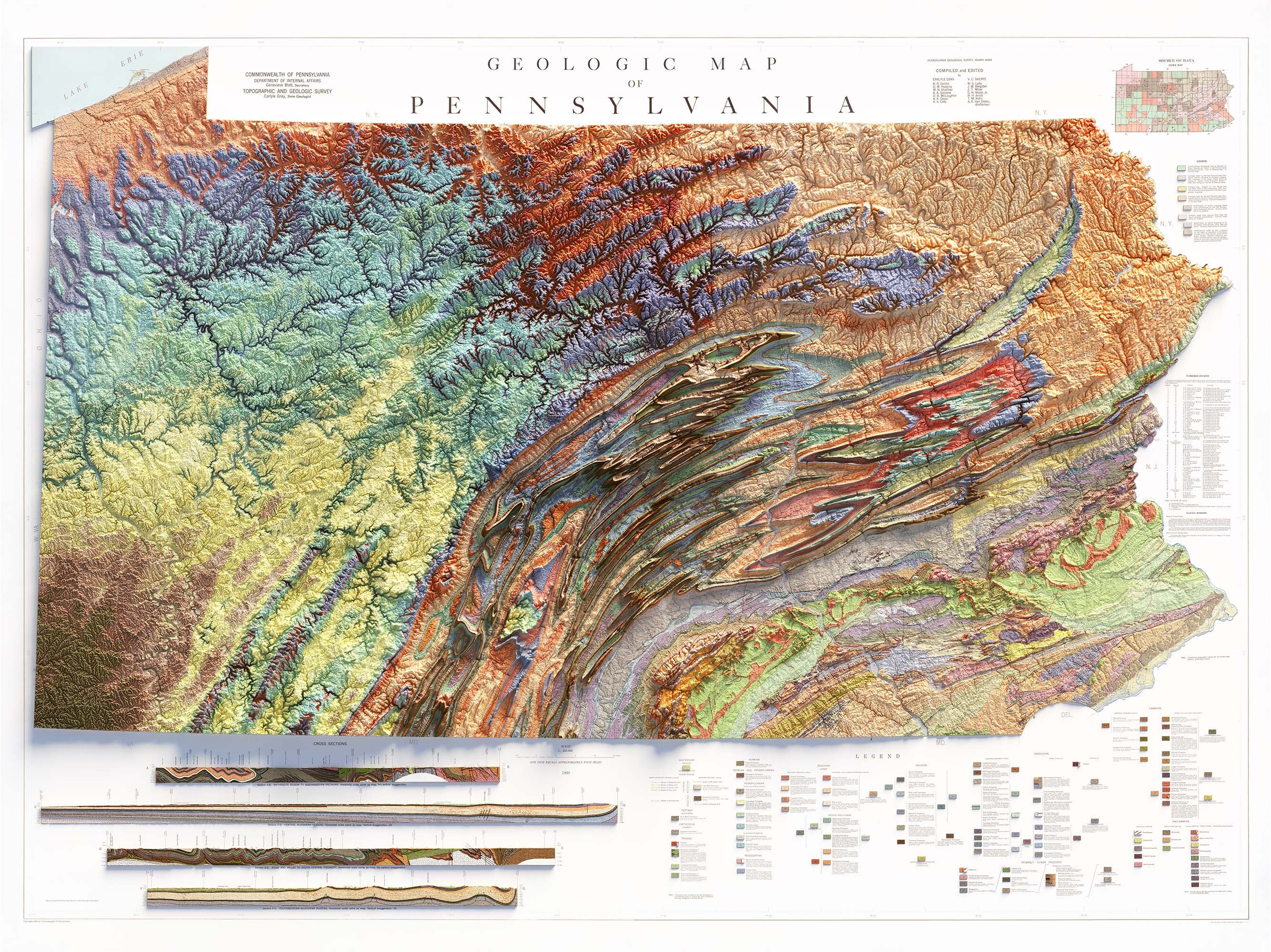 Pennsylvania (USA) 1960 Geological Map: Vintage Flat Shaded Relief ...