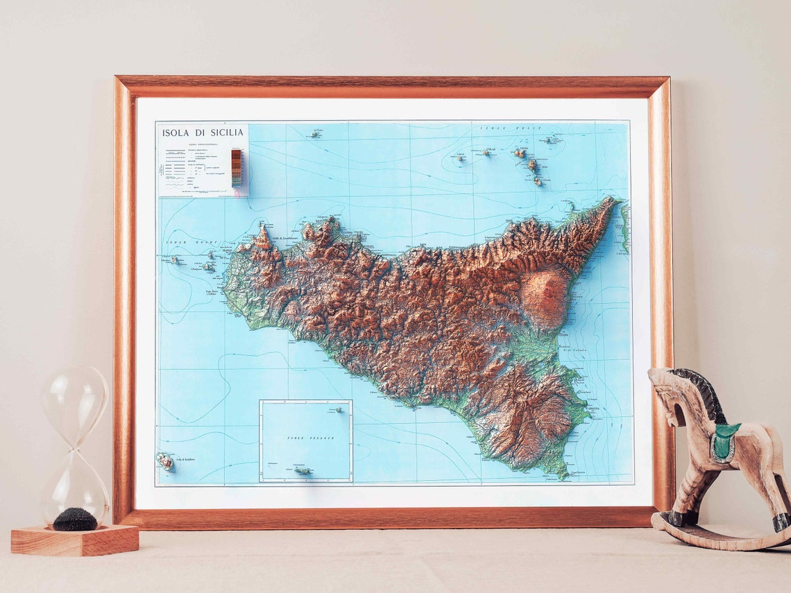 Sicily italy Topographic Map of 1943 2D Poster Shaded Relief Map, Fine ...