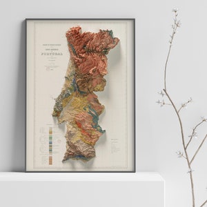 Portugal 1899 Geological Map: Vintage Flat Shaded Relief Print Art - Etsy