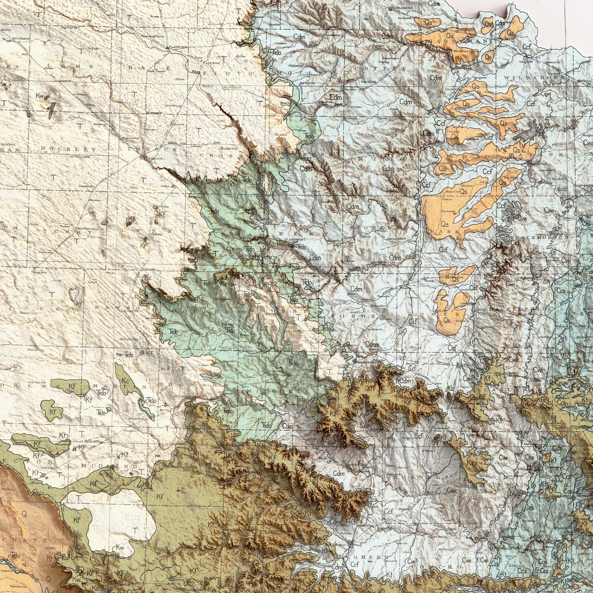 Texas (USA) 1933 Geological Map: Vintage Flat Shaded Relief Print Art ...