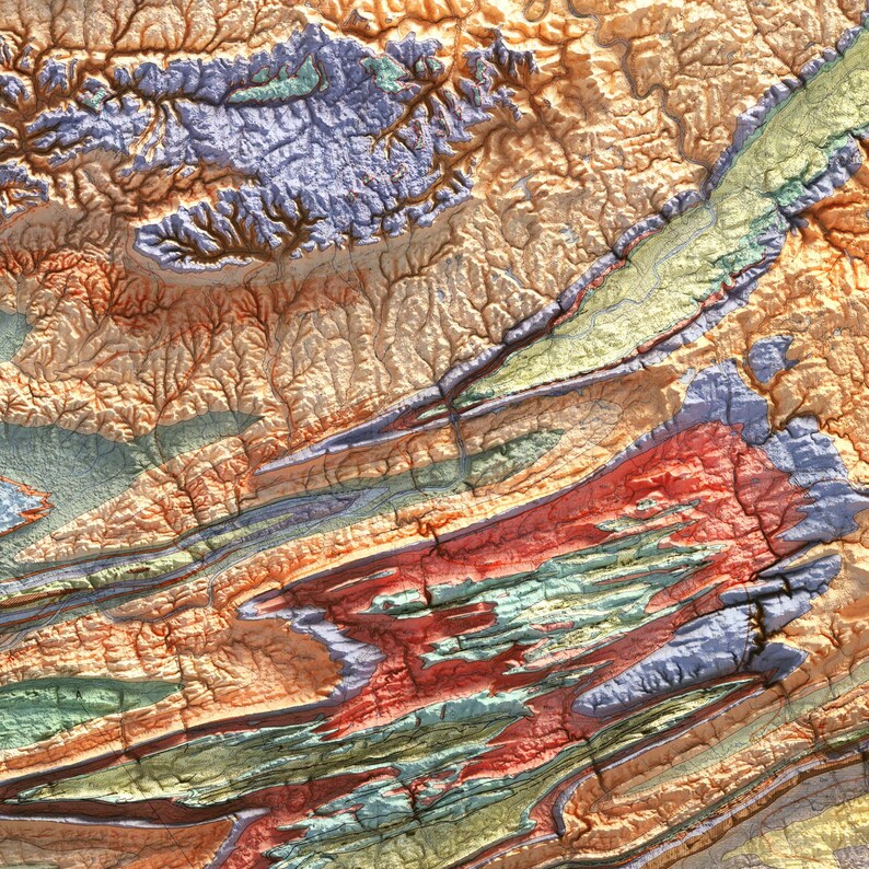 Pennsylvania USA Geological Map of 1960 2D Poster Shaded Relief Map ...