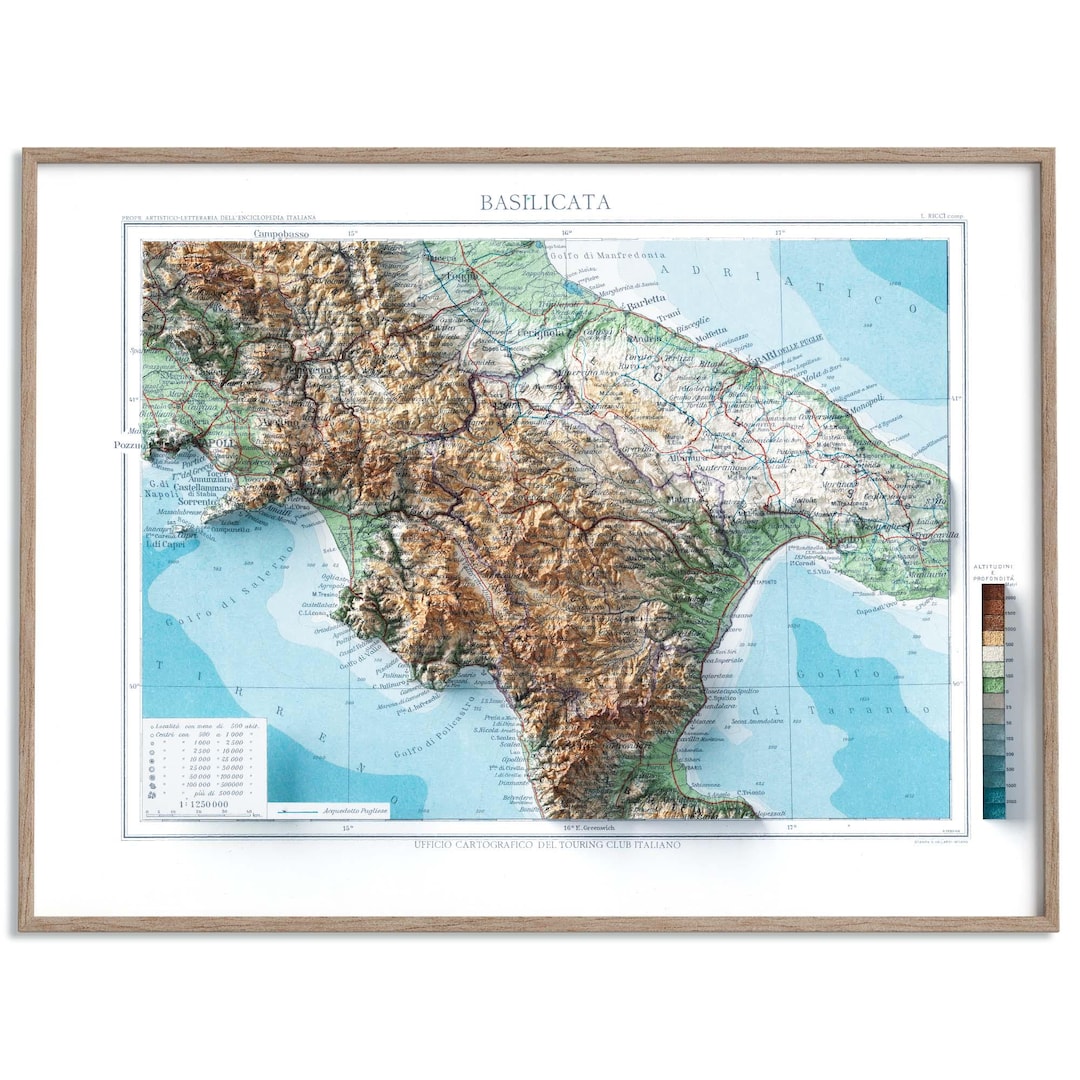 Basilicata (italy) Topographic Map of 1930 - 2D Poster Shaded Relief ...