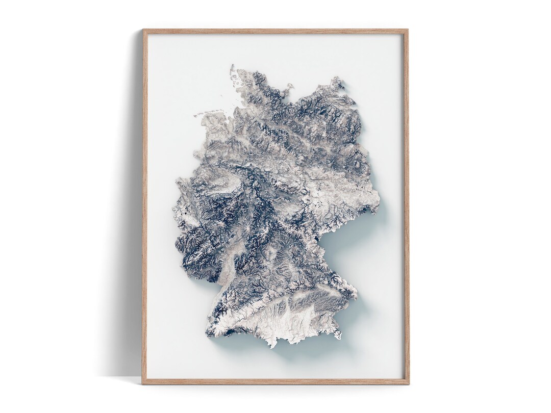 Germany Elevation Map white 2D Poster Shaded Relief Map, Fine Art Wall ...