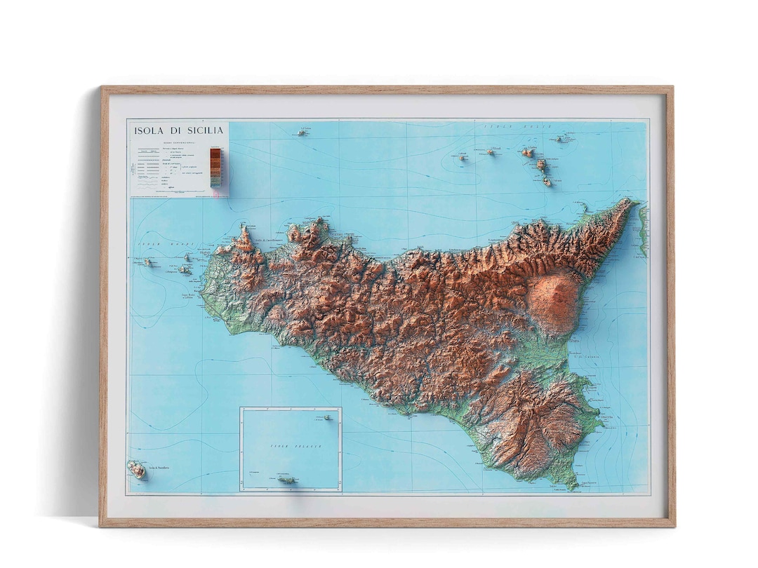 Sicily italy Topographic Map of 1943 2D Poster Shaded Relief Map, Fine ...