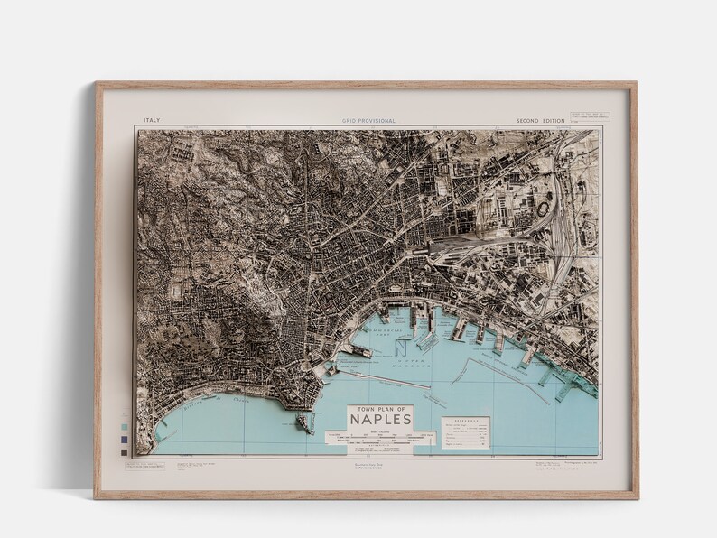 Naples italy City Map of 1943 2D Poster Shaded Relief Map - Etsy