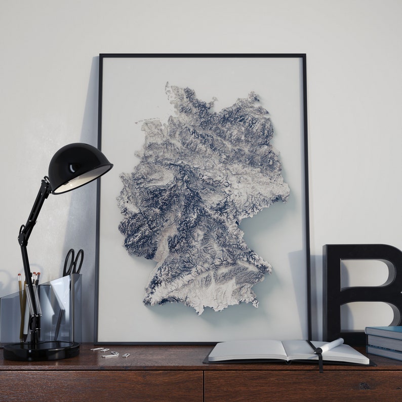 Germany Elevation Map white 2D Poster Shaded Relief Map, Fine Art Wall ...