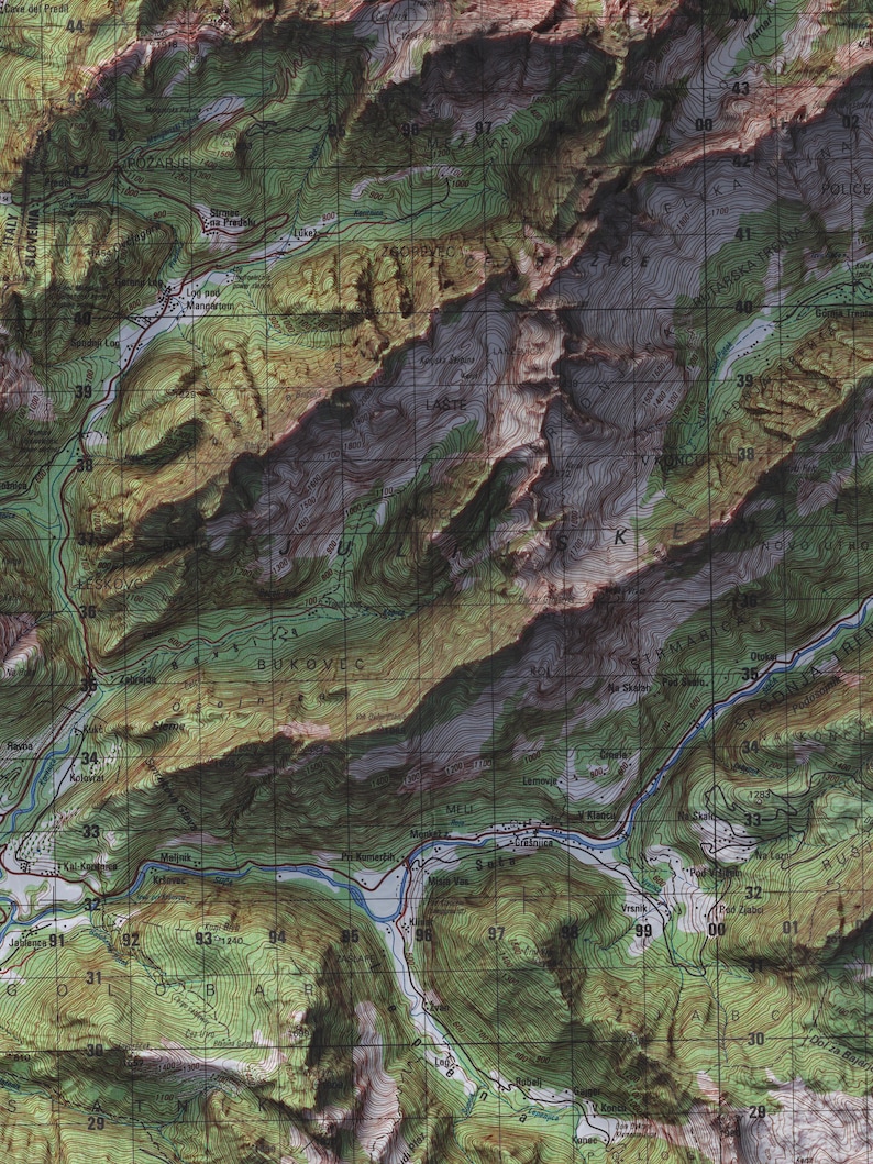 Bovec slovenia Topographic Map of 1987 2D Poster Shaded Relief Map ...