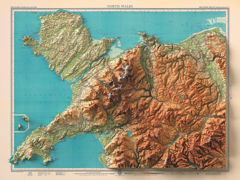 North Wales (wales, UK) 1941 Topographic Map: Vintage Flat Shaded ...