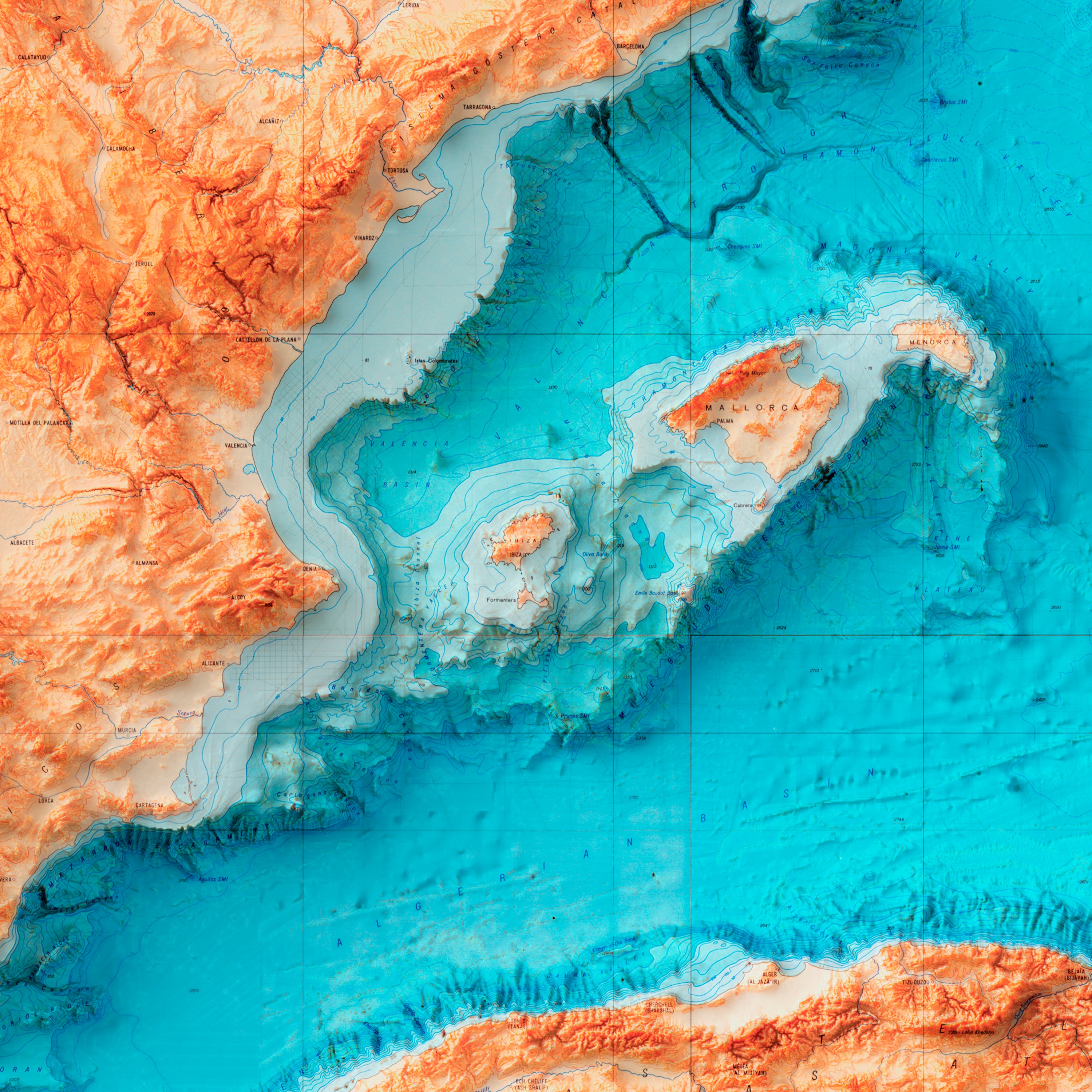 Mediterranean Sea Bathymetric Topographic Map of 1981 2D Poster Shaded ...