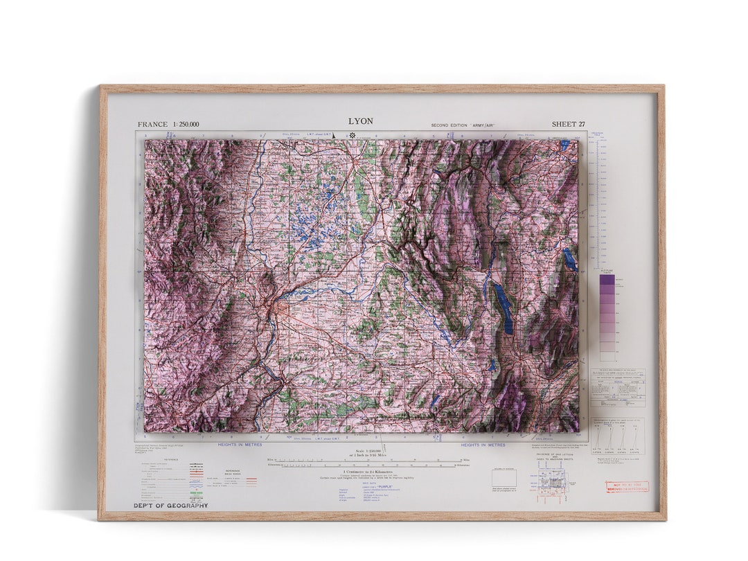 Lyon france Topographic Map of 1943 2D Poster Shaded - Etsy