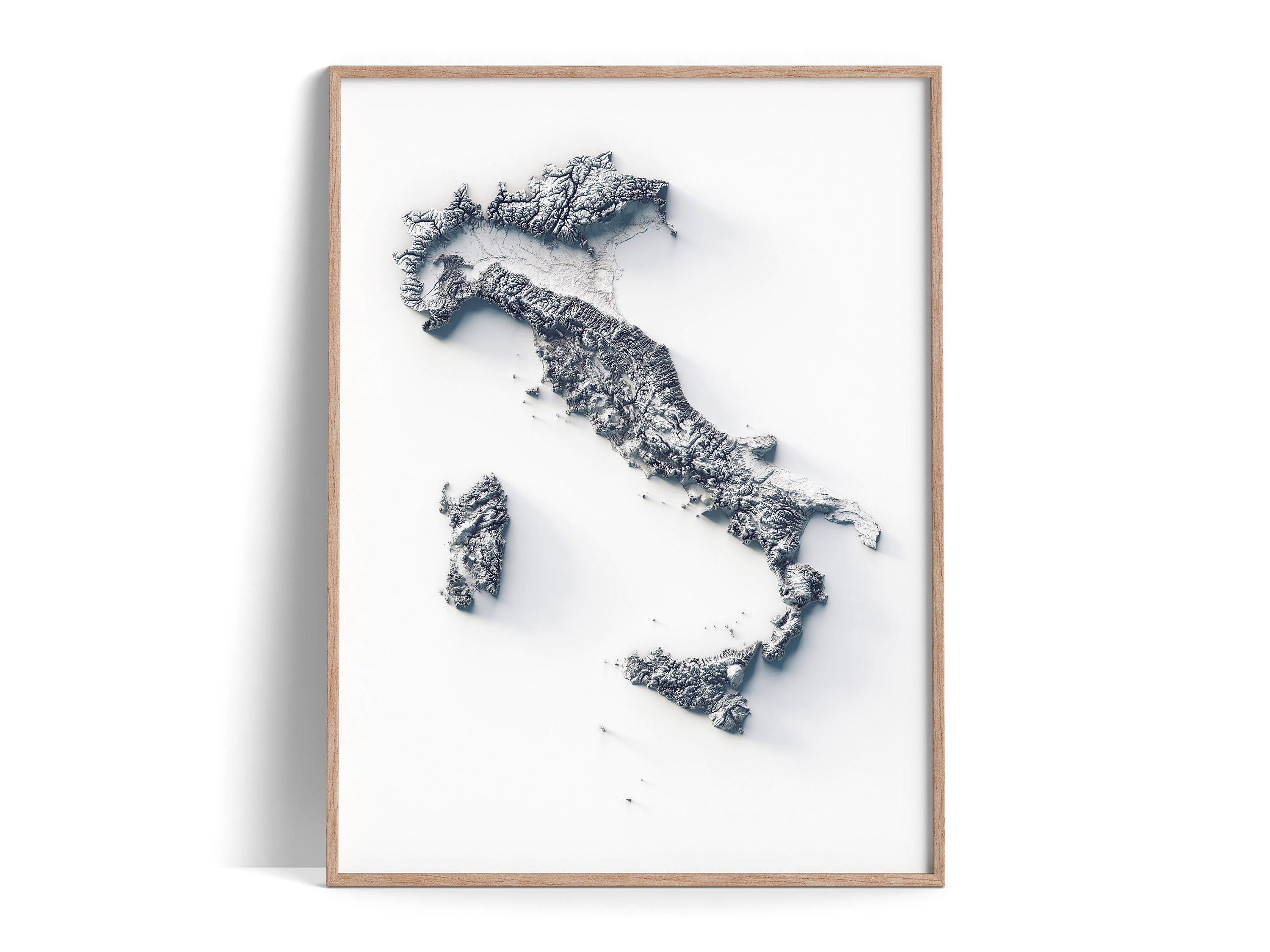 Italy Elevation Map white 2D Poster Shaded Relief Map, Fine Art Wall ...