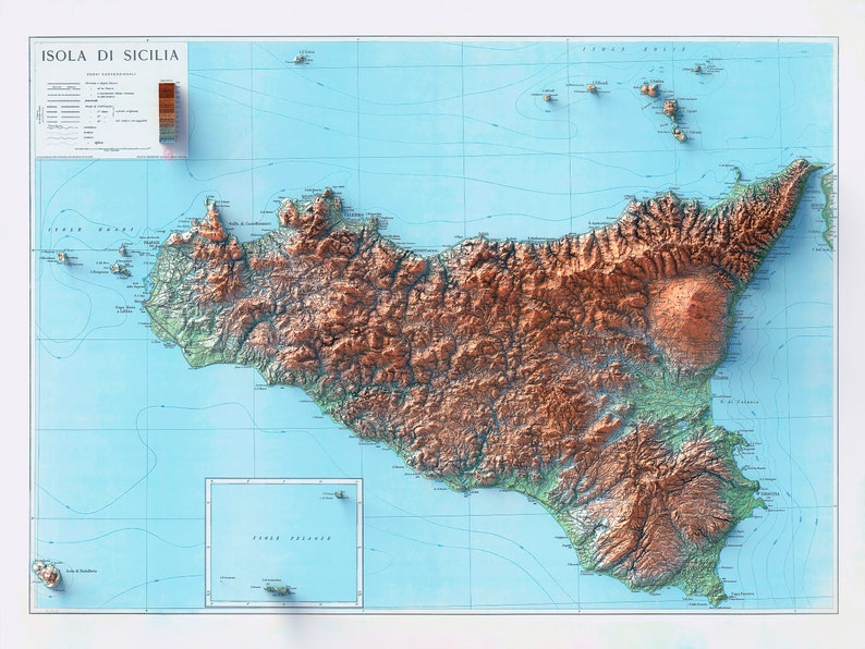 Sicily italy Topographic Map of 1943 2D Poster Shaded Relief Map, Fine ...