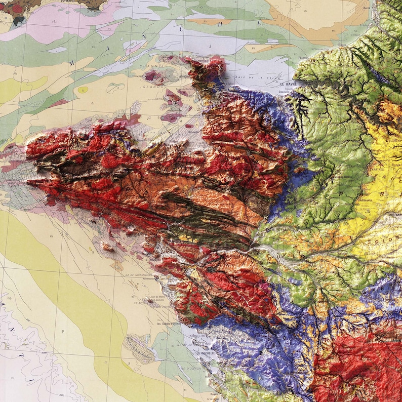 France Geological Map of 1980 2D Poster Shaded Relief Map, Fine Art ...