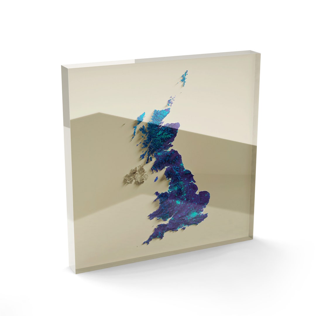 United Kingdom | Acrylic Block | Shaded Relief Map | Geo, White and ...