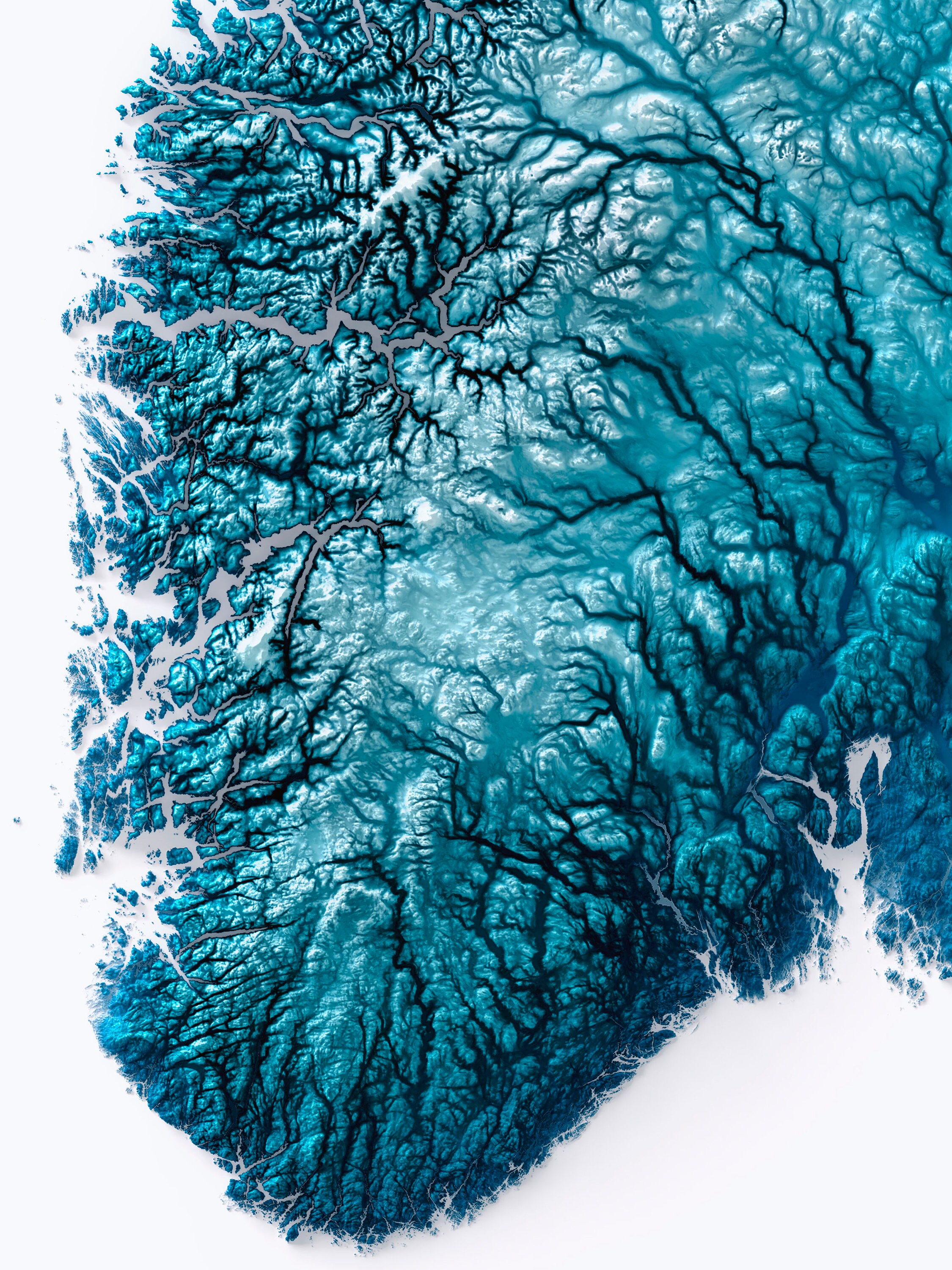 Norway Elevation Map blue 2D Poster Shaded Relief Map, Fine Art Wall ...