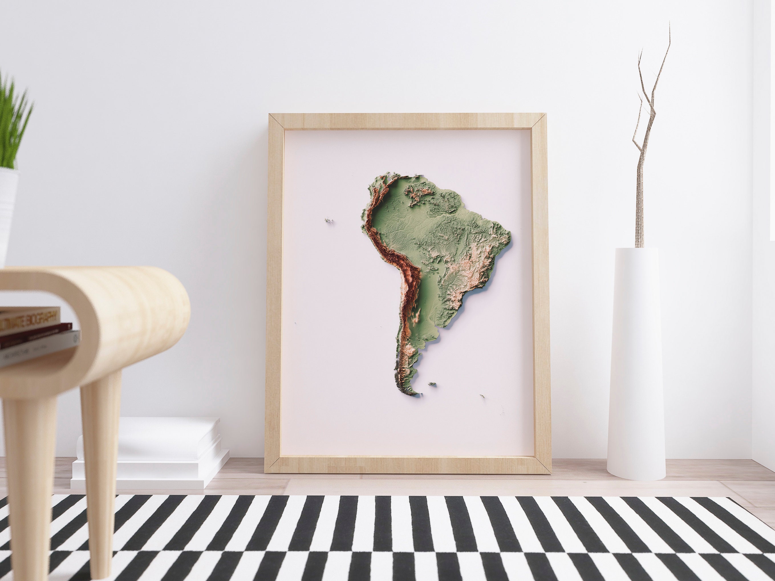 South America Elevation Map geo 2D Poster Shaded Relief Map, Fine Art ...