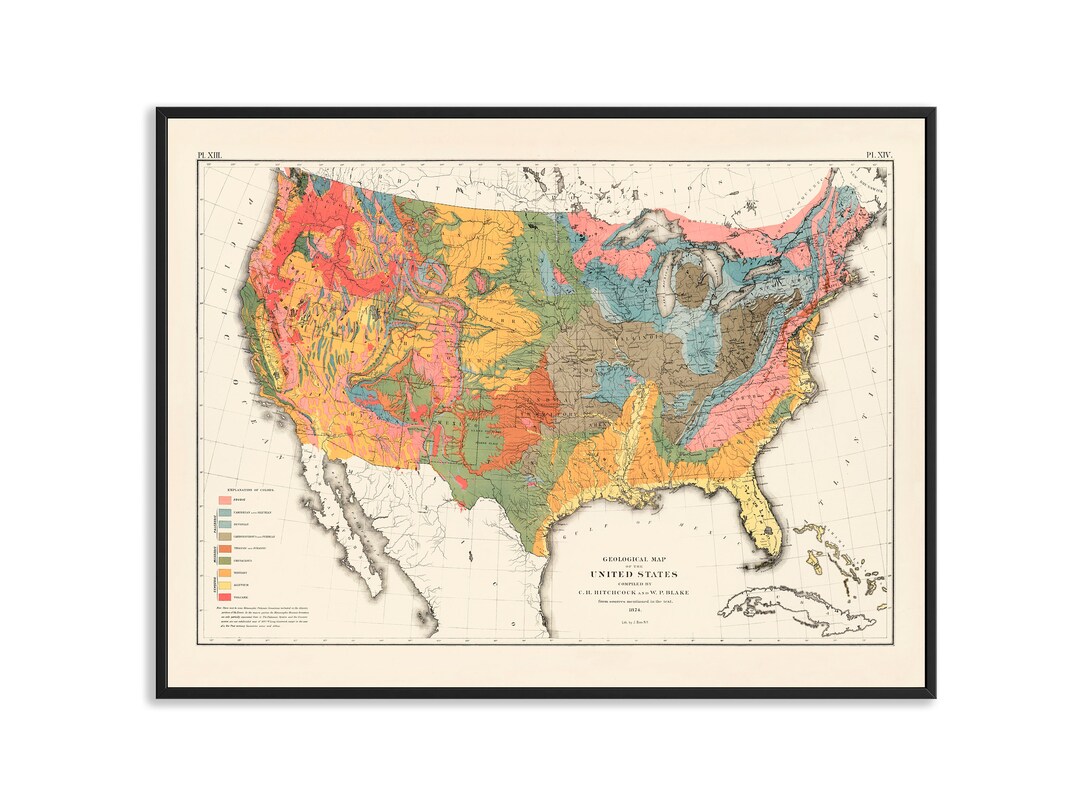United States of America, Geological Map 1874 - Vintage Reprint Poster ...